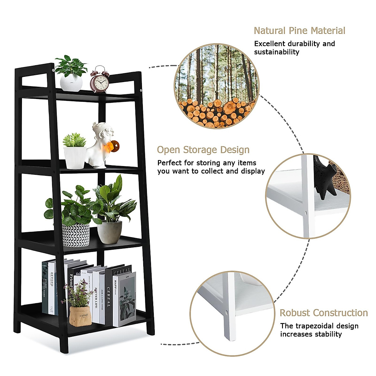 ECOMEX 4-Tier Ladder Shelf Modern Style Shelf, Ladder Bookshelf Open Storage Rack Wood Ladder Shelf with Solid Pine Frame, Freestanding Ladder Shelves for Home Office, Bedroom (Black)