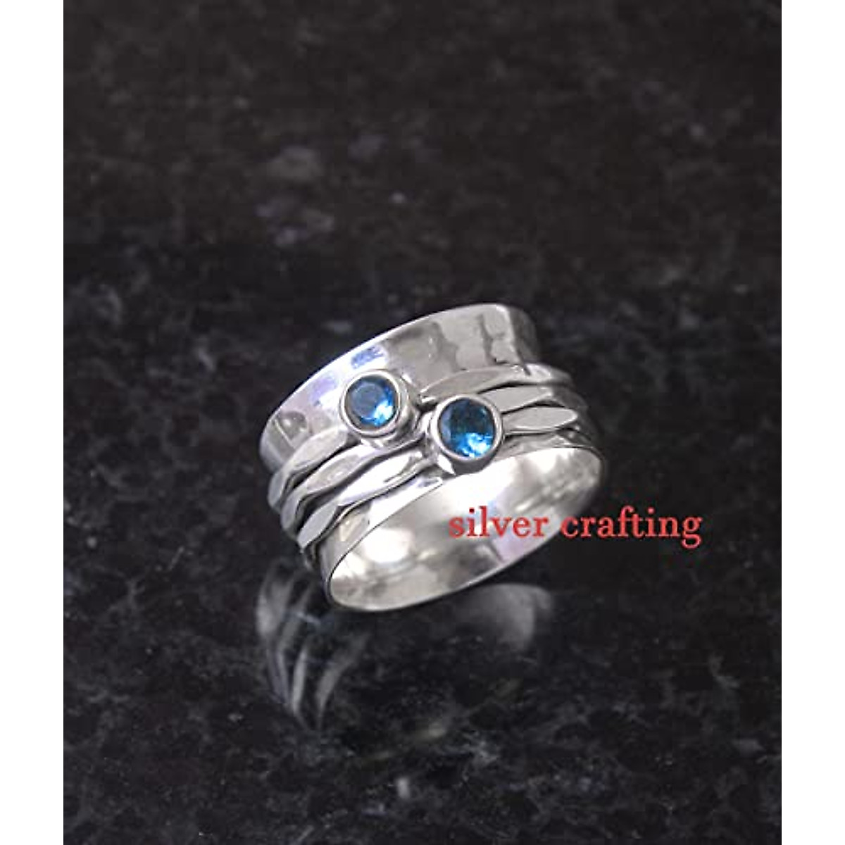 Blue Topaz Gemstone Silver Spinner meditation Fidget Spinning Ring (13)