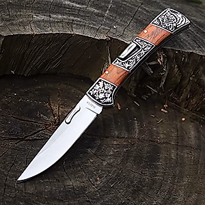 FU-GLBY Classical Folding Pocket Knife with clipCollection Engraved Bolsters Tactical Survival Knife Elegent EDC Knife for Men (red wood)