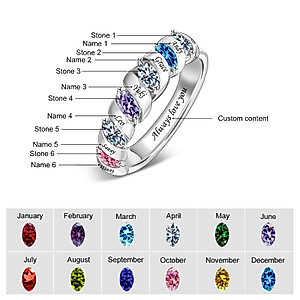 BAUMA AUTO Personalized 1-6 Birthstone Rings Family Mothers Ring Custom Engraved Name Rings for Women Grandma Mom Daughter (6 Stones)