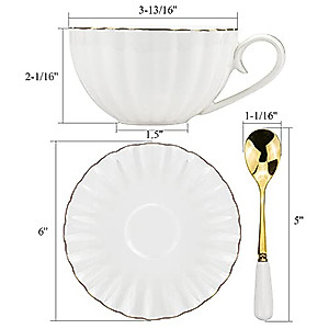 Yesland Set of 6 Royal Tea Cups and Saucers with Gold Trim, 8 Ounce White Porcelain Tea Set & British Coffee Cups, White Latte Cups and Espresso Mug for Specialty Coffee Drinks, Latte, Cafe Mocha, Tea