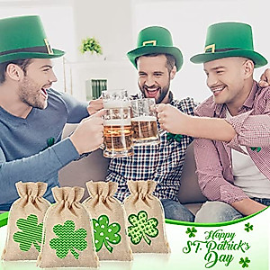 32 Pieces St Patricks Day Bags, St. Patricks Drawstring Bag, Shamrock Burlap Bags, St Patricks Day Goodie Bag Clovers Burlap Gift Bags Linen Treat Bags for Kids Irish Party Favors Supply