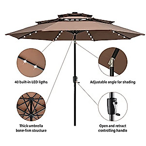 Ainfox 10ft 3 Tiers Solar Patio Umbrella with 40 LED Lights, Outdoor Market Umbrella with W/Double Vented Umbrella, Simple Crank Operation, Auto-tilt Umbrella for Backyard, Pool, Garden,Market