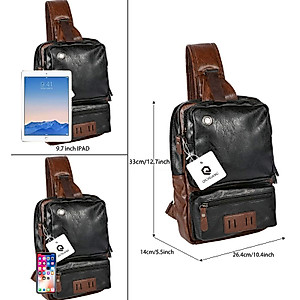 QICHUANG Men Vintage Sling Bag PU Leather Crossbody Unbalance Shoulder Bag with USB Charging Port Gift for Men