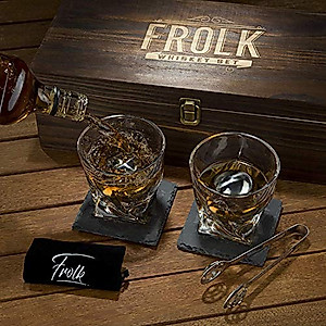 Whiskey Stones Gift Set for Men - 2 King-Sized Chilling Stainless-Steel Whiskey Balls - 2 XL Whiskey Glasses, Slate Stone Coasters, Freezer Pouch & Tongs - Luxury Set in Unique Pine Wood Box