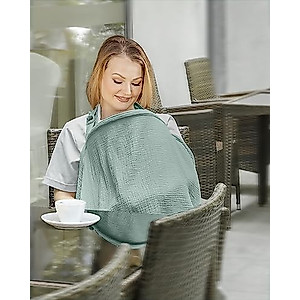 Muslin Nursing Cover for Breastfeeding, Breathable Privacy Nursing Covers with Arch Neckline for Mom, Soft Cotton Multi-use Nursing Apron (Roman Green)