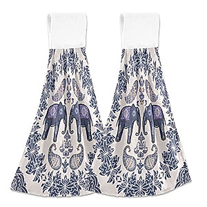 Kigai Elephants Kitchen Hanging Towel Absorbent Hand Towel with Hanging Loop Soft Coral Fleece Tie Towel 2 Pcs Dish Cloth Dry Towel for Bathroom