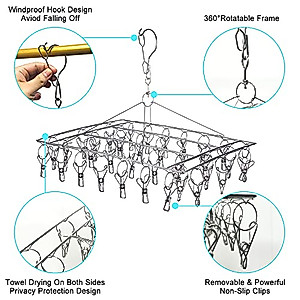 HOSTK Stainless Steel Round Clothes Drying Racks 30 Clips, Square Windproof Laundry Drip Hanger 36 Clips with 10 Replaceable Clips for Socks, Towels, Baby Clothes, Underwear, Hat, Scarf, Gloves
