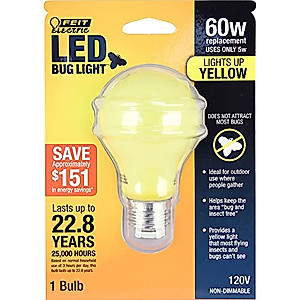 Feit Electric A19/BUG/LED Outdoor Bug Light 60-Watts Equivalent Non-Dimmable LED Light Bulb, E26 Medium Base, Yellow, Pack of 1
