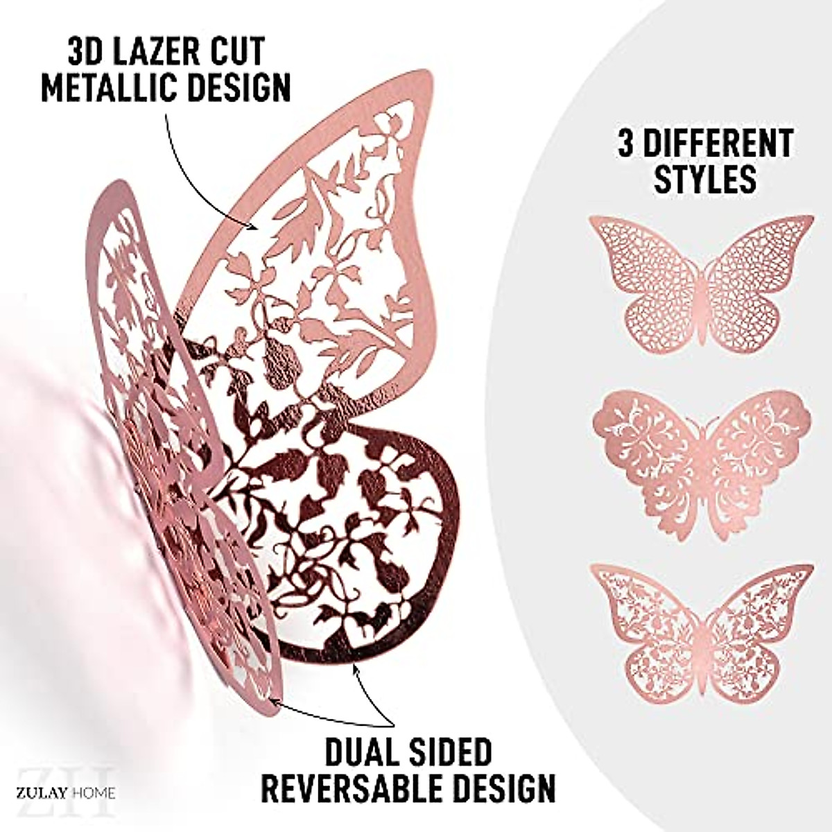 Zulay Home 3D Butterfly Wall Decor - 48pcs Butterfly Decor with 3 Wing Designs - Removable DIY Butterfly Decorations for Room, Birthdays, Parties, Cake, Weddings, Kids Bedroom (Metallic Rose Gold)
