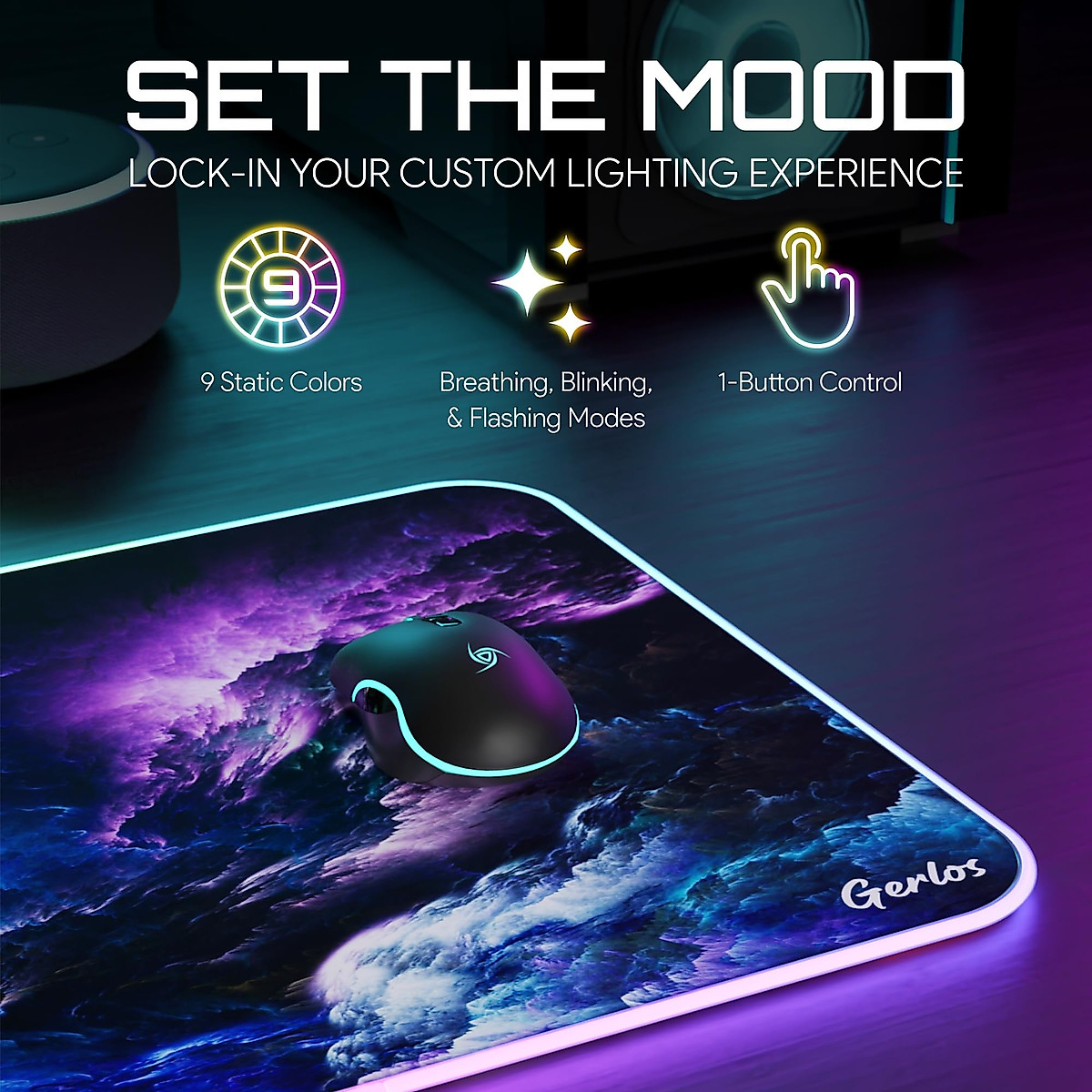 RGB Gaming Mouse Pad, Gerlos Large Extended Soft Led Mouse Pad with 12 Lighting Modes 2 Brightness Levels, Water Resist Keyboard Pad, Computer Keyboard Mousepads Mat 800 x 300mm / 31.5×11.8 inches