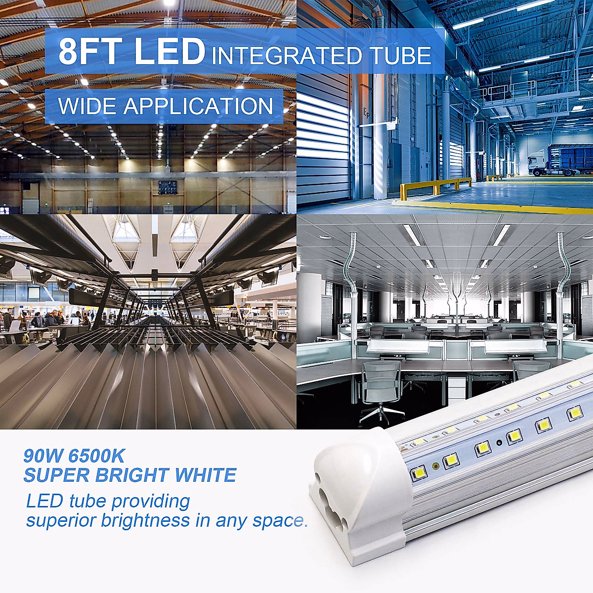 10-Pack 8ft LED Shop Light Fixture - 90W T8 Integrated LED Tube Light - 6500K 12000LM V-Shape Linkable - High Output - Clear Cover - Plug and Play - 270 Degree Lighting for Garage, Shop, Barn