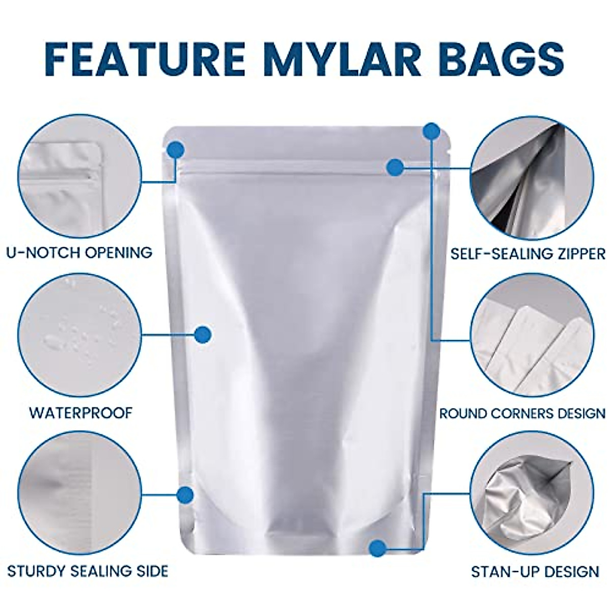 YunKo 100 PACK Mylar Bags for Food Storage Resealable Zippered Foil Bags Sealable Packaging Bags Stand Up Bags For Coffee Bean，Tea (10"X14", 7"x10", 5"x8")
