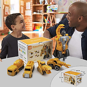 SLENPET 5 in 1 Dinosaur Transforming Robot Toys Set, Magnetic Assemble into Emulation 14.5 inches Large Robot Figures, 5 Construction Trucks & Dinosaurs for Boys, Kids Ages 3 and Up