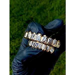 Shop-iGold 18k Gold Silver Two Tone Plated Cluster Custom Slugs Fangs Top Bottom Diamond Cut Grillz Mouth Teeth Grills Set - Grillz, Teeth Cap