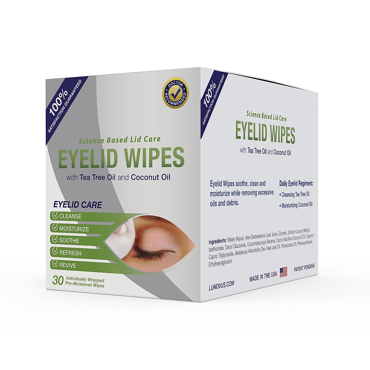 Premium Eyelid Wipes With Tea Tree and Coconut Oil - Cleansing Wipes for People Itchy Eyes - Box Of 30 Natural Eye Wipes