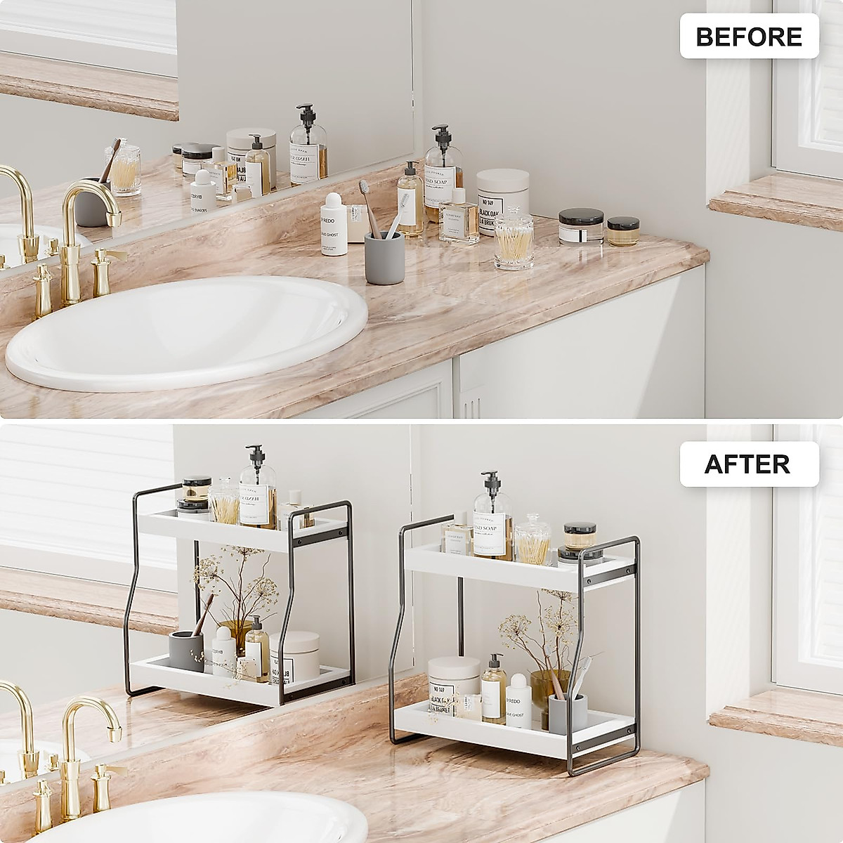 Messmenos Bathroom Organizer Countertop, 2 Tier Solid Wood Vanity Counter Storage Tray, Wooden Stand Organization Shelf for Kitchen&Coffee Bar, Storage Rack for Makeup Perfume Skincare (White)