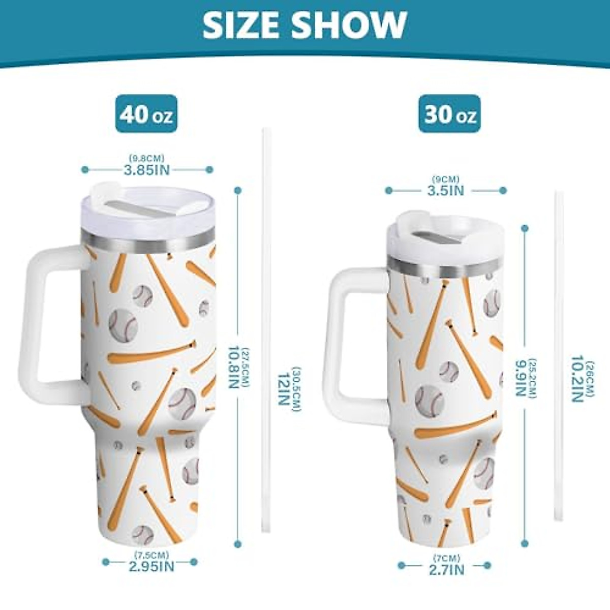 ARGTILDN 40 oz Tumbler Baseball Sport Play Insulated Travel Mug with Handle and Straw Lid Stainless Steel Vacuum Coffee Cup Tea Beverage Container Water Bottles for Car Sports office