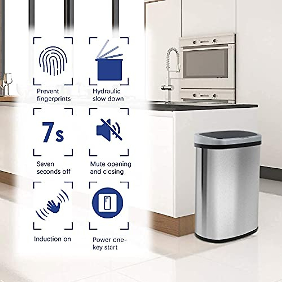HHS 13 Gallon Kitchen Trash Can Stainless Steel Garbage Bin with Lid Automatic Touch Free High-Capacity Waste Bin Metal Soft-Close Garbage Can for Home Office Bedroom, Silver