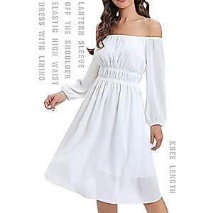Sureple White Wedding Guest Dresses for Women Off The Shoulder Long Sleeve High Waist Swing Chiffon A Line Dress for Beach(SP161-White-XL)
