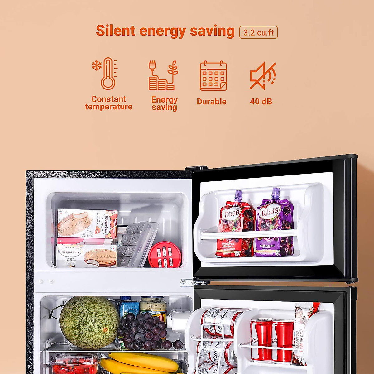 DSF Mini Fridge with Freezer, 3.2 Cu.Ft Mini Refrigerator, 2 Door, 37DB Low Noise, Engery Saving with LED Light, Low-frost Mini Fridge for Bedroom, Office, Dorm, RV, Apartment, Black- MPBFD321