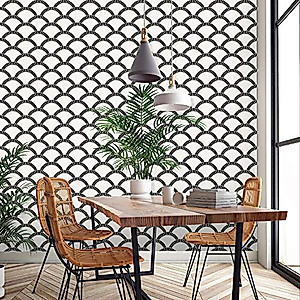 Tempaper Black & Cream Mosaic Scallop Removable Peel and Stick Wallpaper, 20.5 in X 16.5 ft, Made in the USA