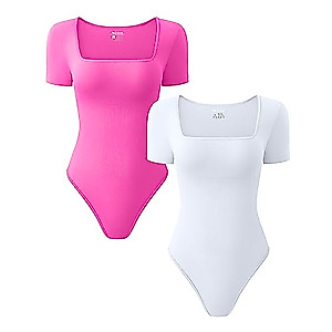 OQQ Women's 2 Piece Sexy Ribbed One Square Neck Short Sleeve BodySuit, Rose White, Large