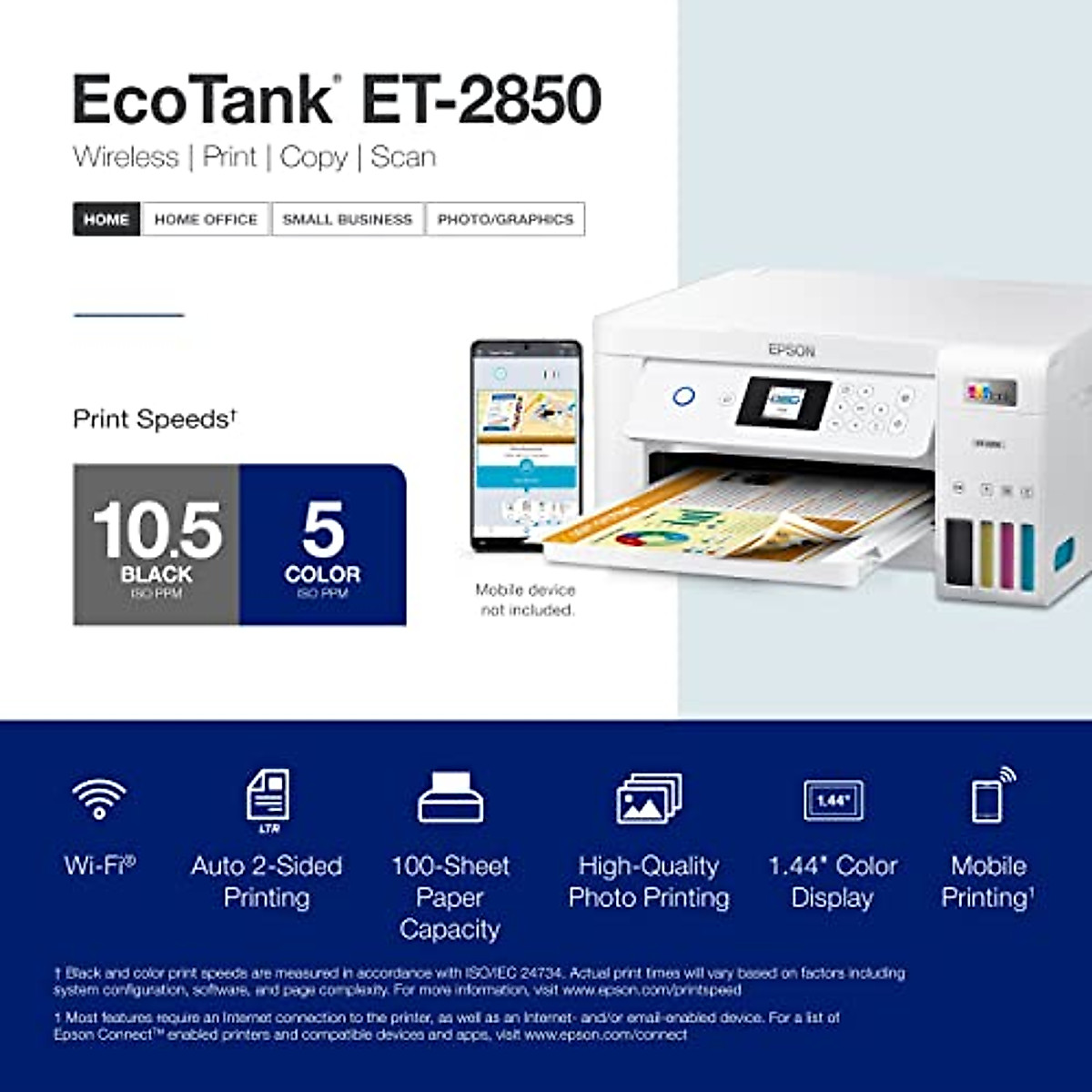 Epson EcoTank ET-2850 Wireless Color All-in-One Cartridge-Free Supertank Inkjet Printer, White - Print Scan Copy - 1.44" LCD Display, 10 ppm, 4800 x 1200 dpi, 2-Sided Printing, Voice-Activated