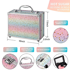 Hot Sugar Makeup Kit for Women Full Kit Teen Girls Starter Cosmetic Gift Set with Beautiful Rainbow Train Case Includes Pigmented Eyeshadow Palette Blush Lipstick Lip Pencil Eye Pencil (Rainbow)