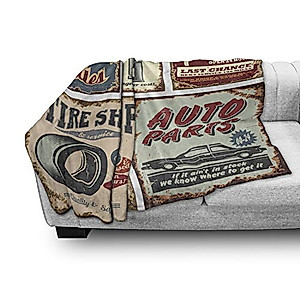 Lunarable 1950s Throw Blanket, Vintage Car Signs Automobile Advertising Repair Vehicle Garage Classics Servicing, Flannel Fleece Accent Piece Soft Couch Cover for Adults, 70" x 90", Burgundy