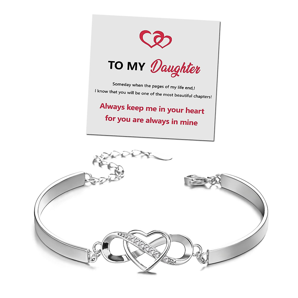 beemean Daughter Infinity Bracelet Infinity Love Heart Bracelet for Daughter-in-Law Bracelet with Inspirational Message Card Adjustable Length Bangle Bracelets(daughter)
