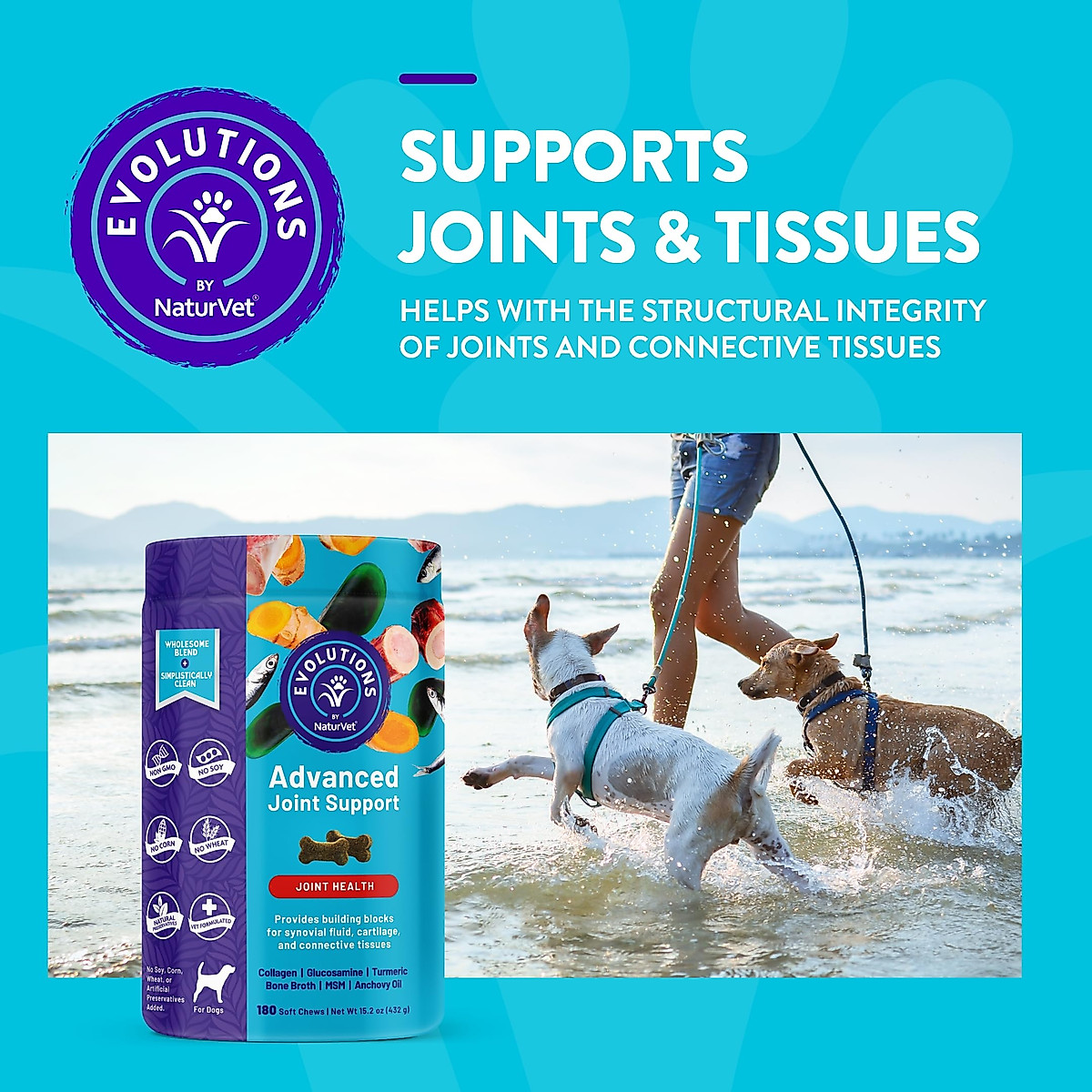 Evolutions by NaturVet Advanced Joint Support 180ct Soft Chews for Dogs - Anchovy Oil, Bone Broth, Collagen, Glucosamine, Turmeric, MSM - Helps Support Synovial Fluid, Cartilage, Connective Tissues