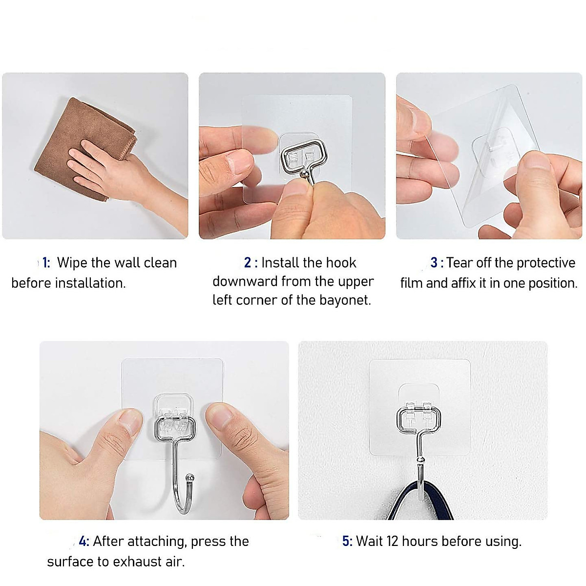 Large Adhesive Hooks 22Ib(Max),Waterproof and Rustproof Wall Hooks for Hanging Heavy Duty,Stainless Steel Towel and Coats Hooks to use Inside Kitchen Bathroom Home and Office 8 Pack (Transparent)