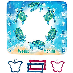 FHZON Turtle Milestone Blanket Blue Sea Life Baby Blanket Beach Newborn Gift with Week Months Swaddling Bag 48x40in BTLSFH127