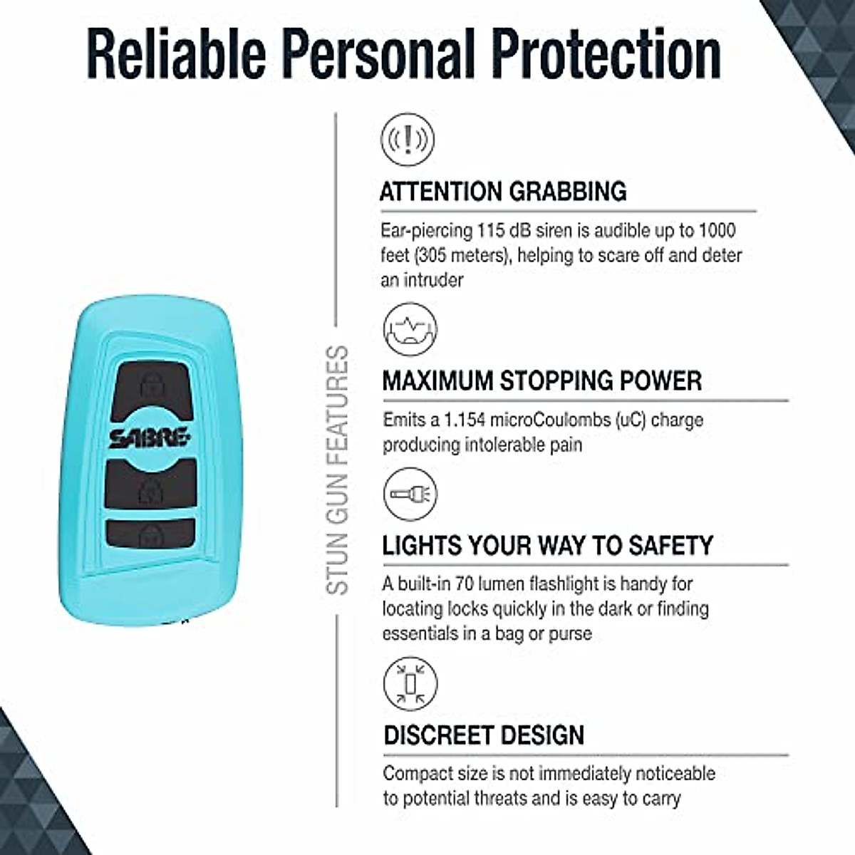 SABRE Compact Stun Gun, Flashlight & Personal Alarm –Rechargeable 3-in-1 Personal Safety Tool w/ Wrist Strap for Quick Access