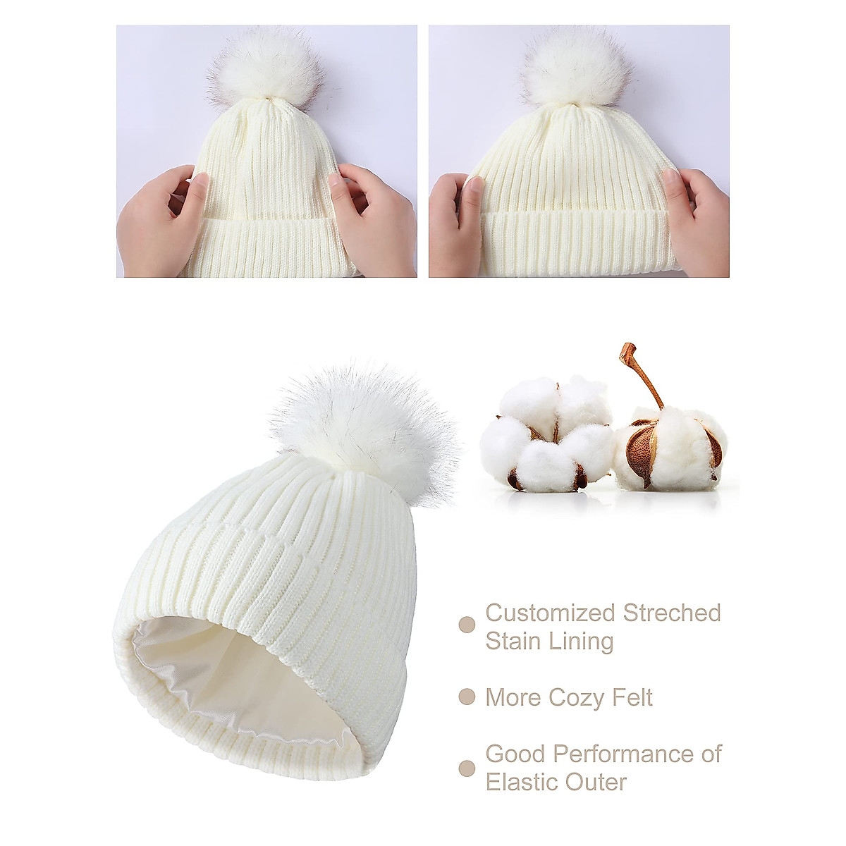 4 Pieces Womens Winter Satin Lined Knit Pom Beanie Hats Touchscreen Gloves Set