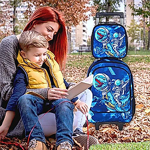 KLFVB Rolling Backpack for Boys, Kids Roller Wheels School Bookbag with Lunch Bag, Wheeled School Bag for Children - Dinosaur