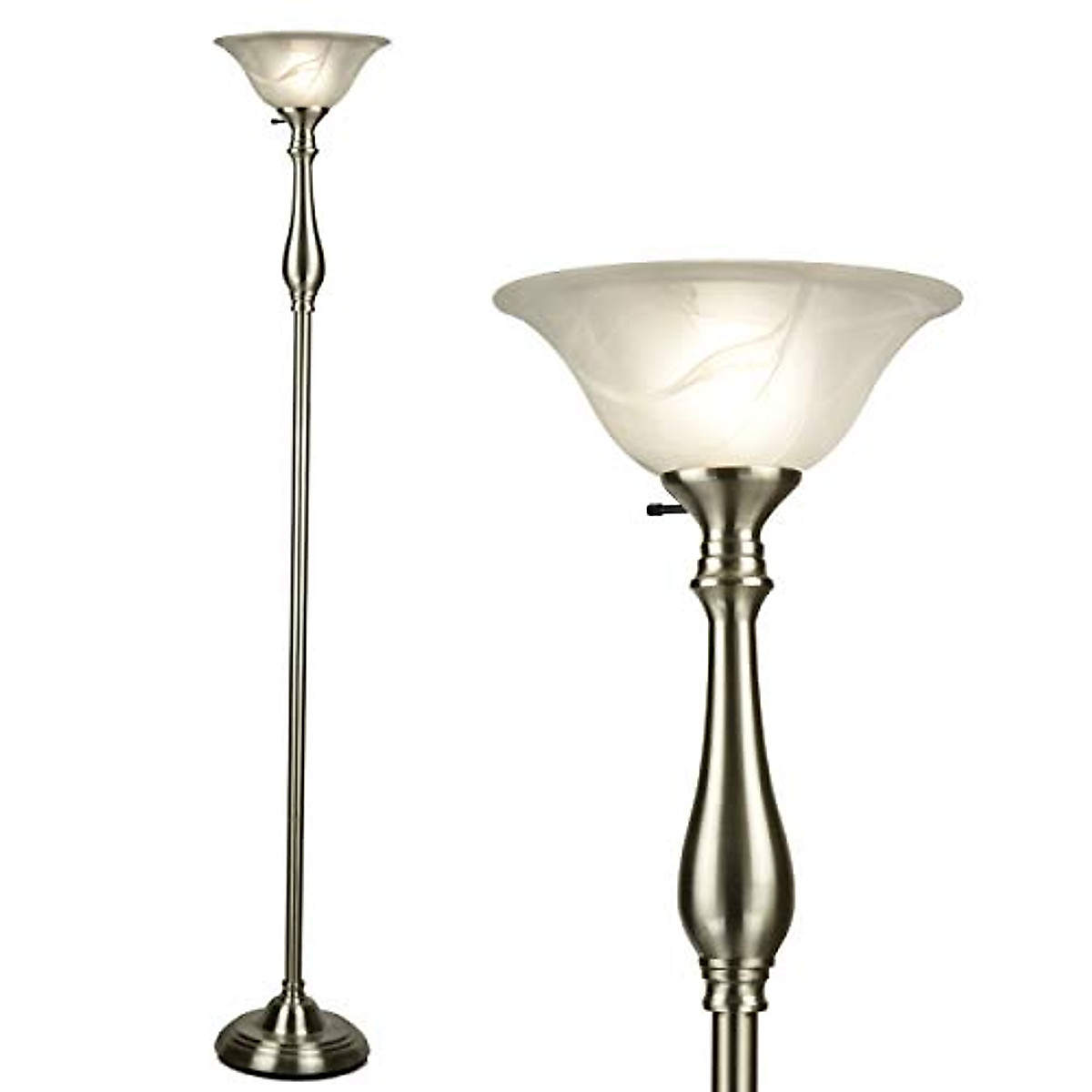 LIGHTACCENTS Royal Floor Lamp with Brushed Nickel Finish and White Alabaster Glass Shade Model 16176-25 - Stand Up Lamp for Living Room - Transitional Standing Torchiere 72" Tall (Brushed Nickel)