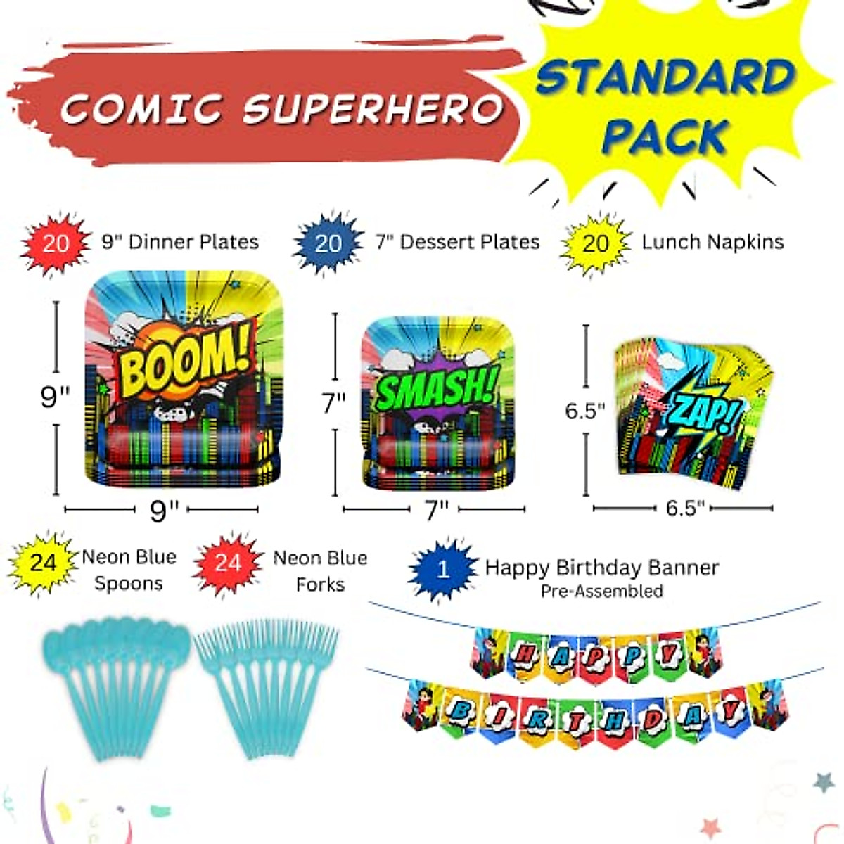 Comic Superhero Standard Party Supplies Pack (109 Pieces for 20 Guests) - Superhero Party Decoration, Plates and Napkin, Super Hero Brithday Party for Boys, Blue Orchards