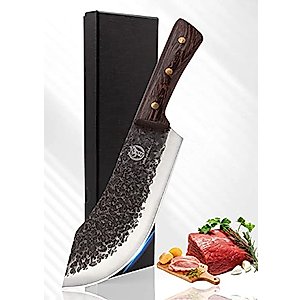 ZENG JIA DAO Butcher Knife - 7'' Bullnose Breaking Knife Meat Cleaver Knife for Meat Cutting - Vacuum Treated High Carbon Steel - Chopping Knife for Kitchen, Outdoor Camping, BBQ 2024 Gift