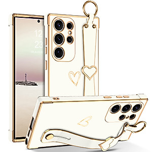 BENTOBEN for Galaxy S23 Ultra Case with Adjustable Wristband Kickstand Loop, Cute Heart Luxury Plating Bumper, Raised Corner Shockproof Women Girls Phone Cover for Samsung Galaxy S23 Ultra 6.8", White
