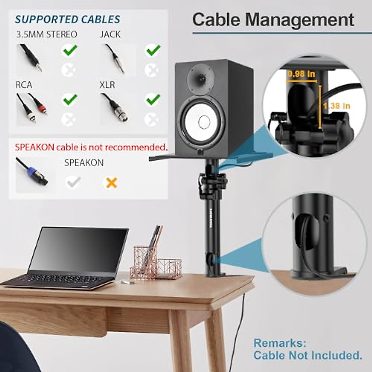 Vondynote Set of 2 Studio Monitor Stands Desktop Clamp Speaker Stands Bookshelf Speaker Stands with Cable Management