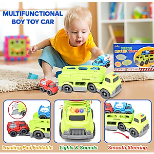 Number 1 In Service Car Toys for Boys Toddler 3 in 1 Carrier Transport Truck for Kids Vehicle Toy for Age 2 3 4 5 6 Year Old Boy, Truck & Cars with Lights & Sounds Police Car Fire Car Vehicle Playset