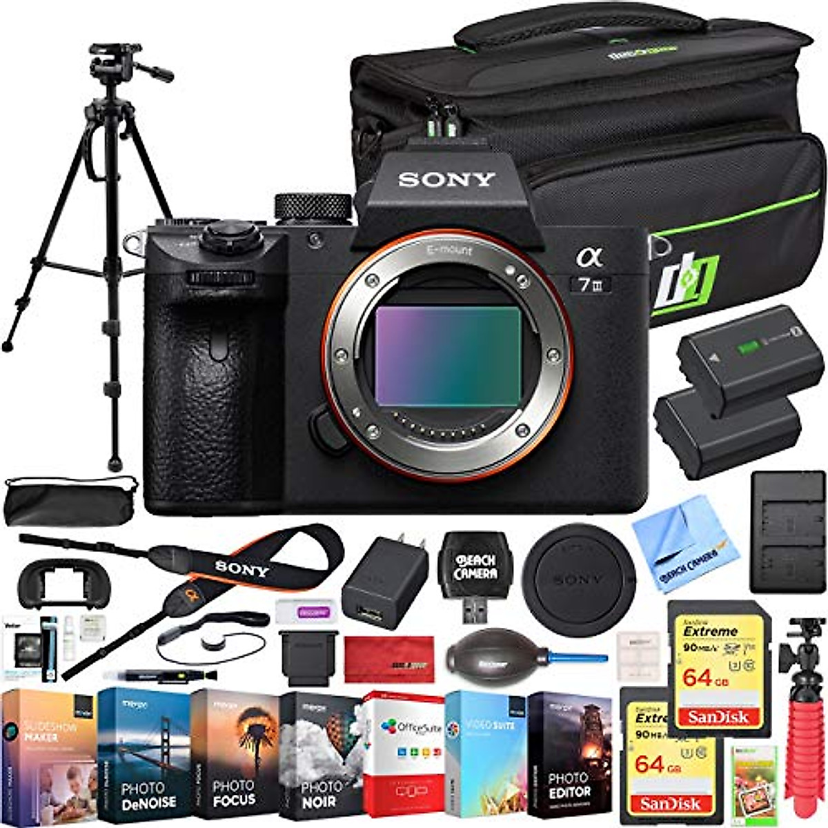 Sony a7 III Full Frame Mirrorless Interchangeable Lens 4K HDR Camera ILCE-7M3 Body Bundle with Deco Gear Travel Bag, 2X 64GB Memory Cards, Editing Suite and Accessories (18 Items)