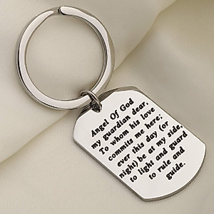 BEKECH Guardian Angel Keychain Angel of God My Guardian Dear Prayer Dog Tag Pendant Keychain Guardian Angel Protect Traveller Gift Religious Baptism Gift (silver)