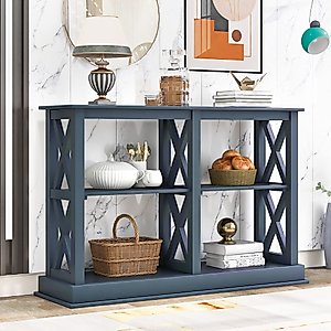 LUMISOL Narrow Industrial Console Table with 3 Tier Shelves, Entryway Table with X-Shape-Design Bookshelf, Sofa Table with Storage for Entryway, Navy Blue