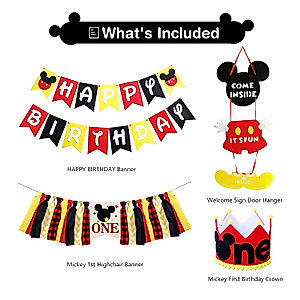 Mickey 1st Birthday Party Supplies Include Banner, Welcome Sign Door Hanger, Cake Topper, Confetti, Hat, High Chair Banner, Balloons Graland Arch, for Mickey Theme Mouse Party Decorations