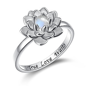 Yearace Moonstone Lotus Ring, Sterling Silver True Love Waits Engraved Lotus Flower Blossom Fidget Ring Natural Healing Buddha Spiritual Yoga Jewelry Gifts for Women-7