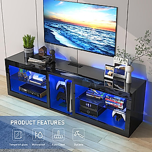 Vinctik 6&Fox High Gloss LED TV Stands w/Power Outlet,60,000-Colors Lighting for 55 60 65inch TV,Modern Black LED Entertainment Center w/Adjustable Glass Shelves for Living Room Gameroom Bedroom