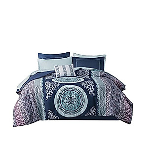 Intelligent Design Complete Bed In A Bag Casual Boho Comforter with Sheet Set Decorative Pillow, All Season Bedding Set, Twin, Loretta Navy 7 Piece